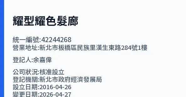 耀型耀色髮廊的照片-統編 42244268(新北市) 公司登記資料與營業項目詳細圖表