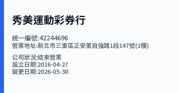 秀美運動彩券行的照片-統編 42244696(新北市) 公司登記資料與營業項目詳細圖表