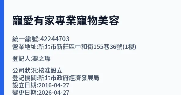 寵愛有家專業寵物美容的照片-統編 42244703(新北市) 公司登記資料與營業項目詳細圖表