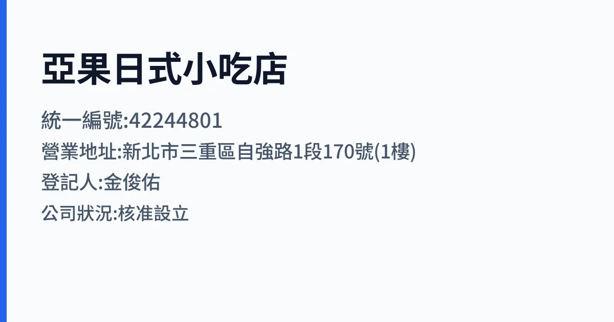 亞果日式小吃店 - 統編 42244801(新北市) 公司登記資料與營業項目詳細圖表