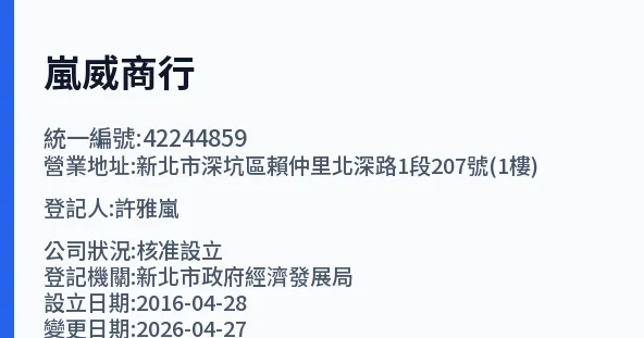 嵐威商行的照片-統編 42244859(新北市) 公司登記資料與營業項目詳細圖表