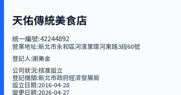 天佑傳統美食店的照片-統編 42244892(新北市) 公司登記資料與營業項目詳細圖表