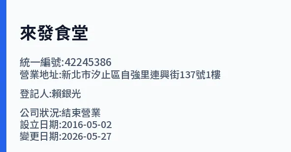 來發食堂的照片-統編 42245386(新北市) 公司登記資料與營業項目詳細圖表