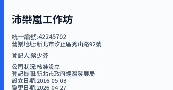 沛樂嵐工作坊的照片-統編 42245702(新北市) 公司登記資料與營業項目詳細圖表