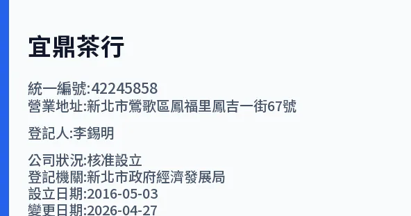 宜鼎茶行的照片-統編 42245858(新北市) 公司登記資料與營業項目詳細圖表