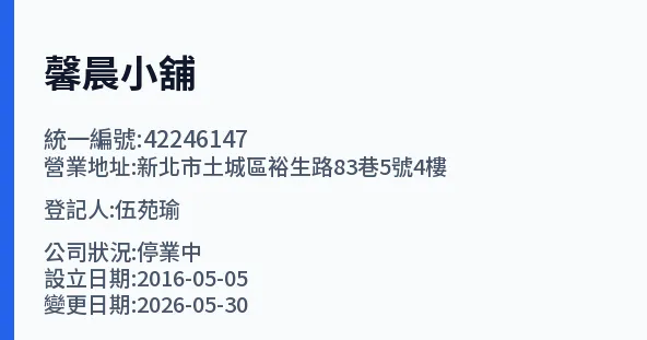 馨晨小舖的照片-統編 42246147(新北市) 公司登記資料與營業項目詳細圖表