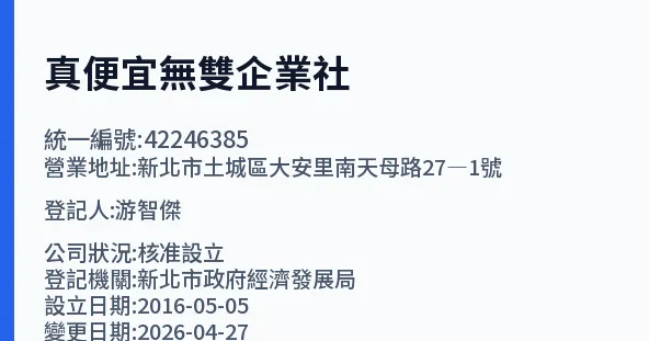 真便宜無雙企業社的照片-統編 42246385(新北市) 公司登記資料與營業項目詳細圖表