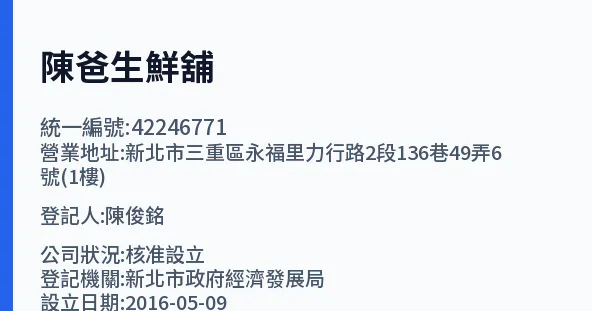 陳爸生鮮舖的照片-統編 42246771(新北市) 公司登記資料與營業項目詳細圖表