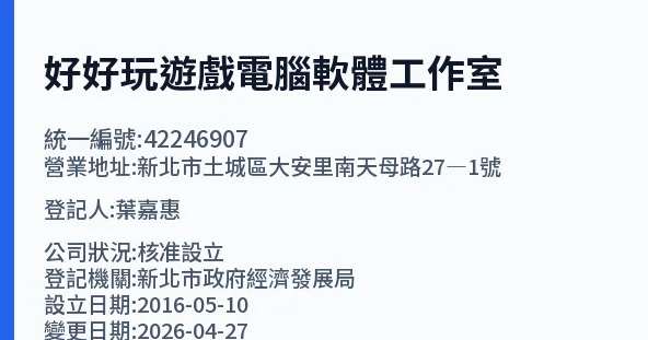 好好玩遊戲電腦軟體工作室的照片-統編 42246907(新北市) 公司登記資料與營業項目詳細圖表