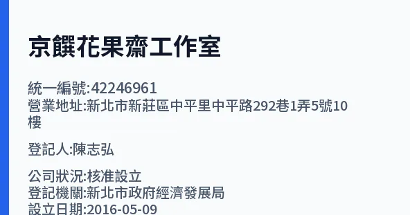 京饌花果齋工作室的照片-統編 42246961(新北市) 公司登記資料與營業項目詳細圖表