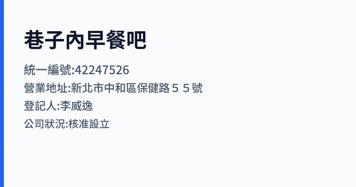 巷子內早餐吧 - 統編 42247526(新北市) 公司登記資料與營業項目詳細圖表