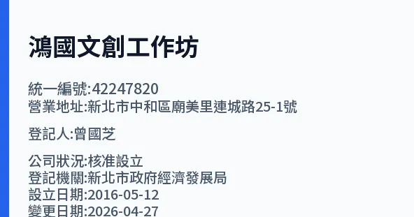 鴻國文創工作坊的照片-統編 42247820(新北市) 公司登記資料與營業項目詳細圖表