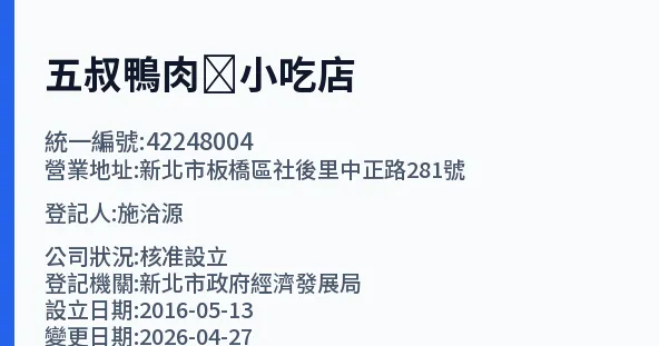 五叔鴨肉焿小吃店的照片-統編 42248004(新北市) 公司登記資料與營業項目詳細圖表