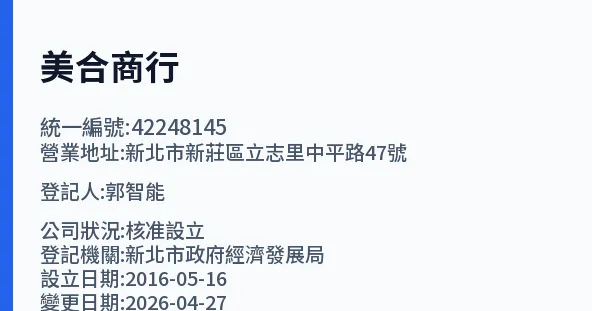 美合商行的照片-統編 42248145(新北市) 公司登記資料與營業項目詳細圖表