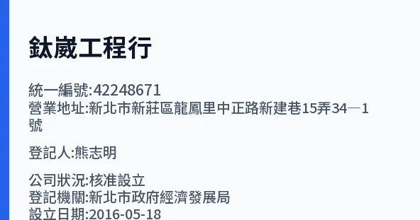 鈦崴工程行的照片-統編 42248671(新北市) 公司登記資料與營業項目詳細圖表