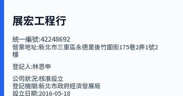 展宏工程行的照片-統編 42248692(新北市) 公司登記資料與營業項目詳細圖表
