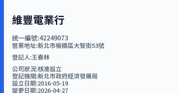 維豐電業行的照片-統編 42249073(新北市) 公司登記資料與營業項目詳細圖表