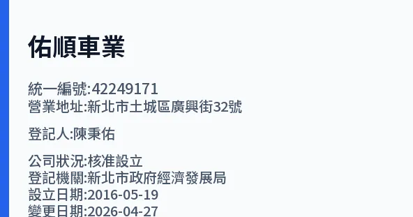 佑順車業的照片-統編 42249171(新北市) 公司登記資料與營業項目詳細圖表