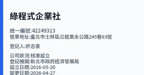 綠程式企業社的照片-統編 42249313(臺北市) 公司登記資料與營業項目詳細圖表