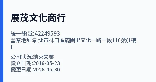 展茂文化商行的照片-統編 42249593(新北市) 公司登記資料與營業項目詳細圖表