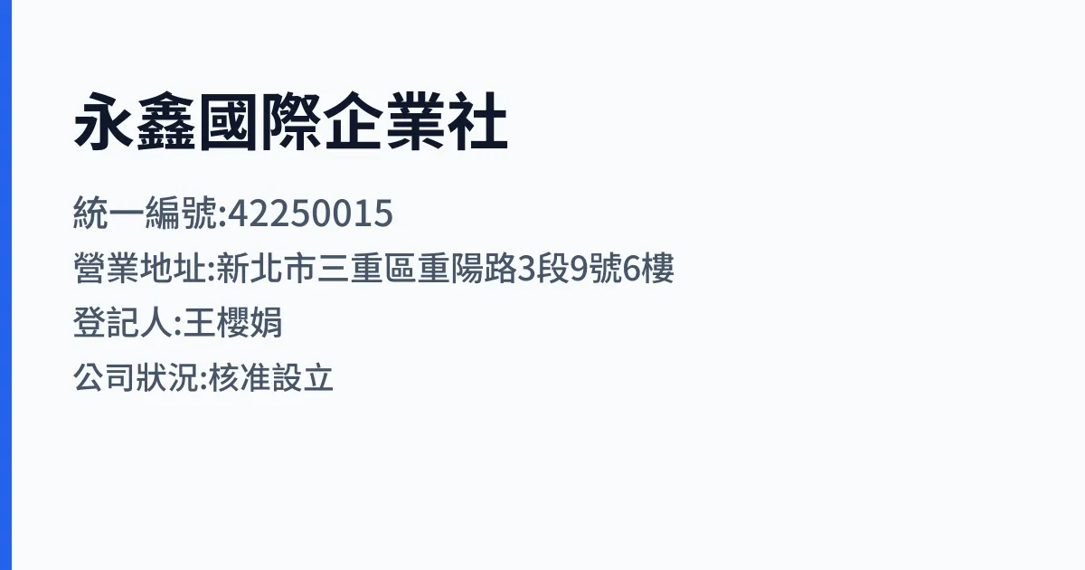 永鑫國際企業社 - 統編 42250015(新北市) 公司登記資料與營業項目詳細圖表
