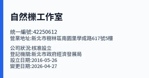 自然櫟工作室的照片-統編 42250612(新北市) 公司登記資料與營業項目詳細圖表