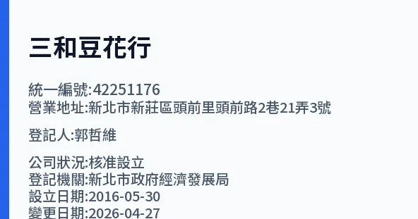 三和豆花行的照片-統編 42251176(新北市) 公司登記資料與營業項目詳細圖表