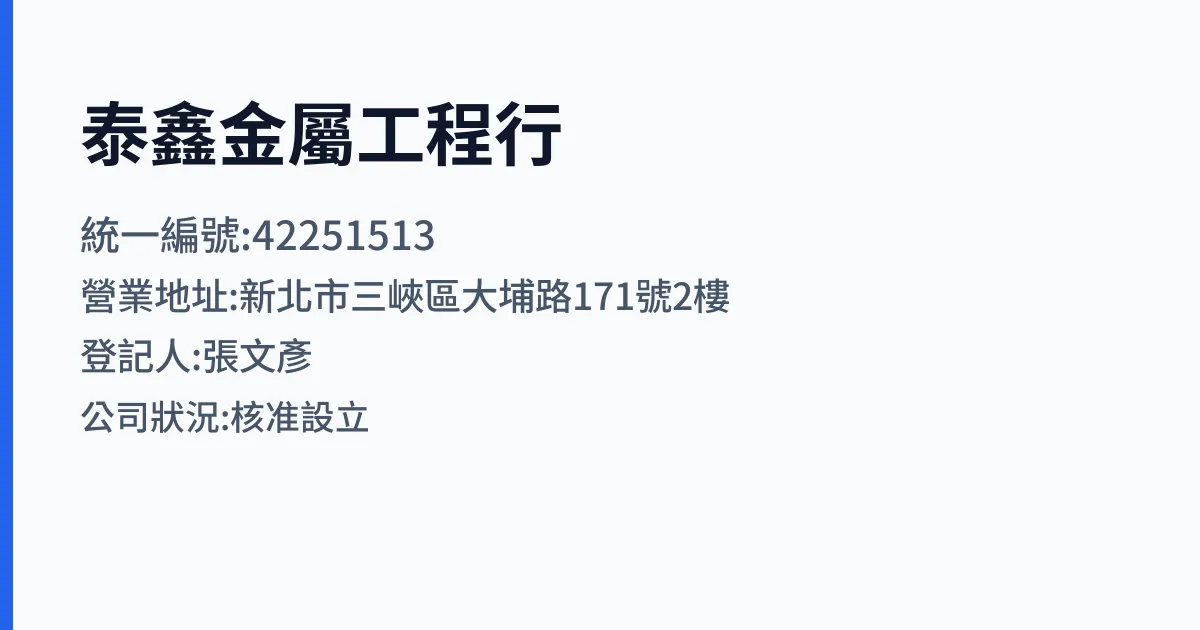 泰鑫金屬工程行 - 統編 42251513(新北市) 公司登記資料與營業項目詳細圖表