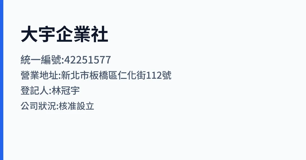 大宇企業社 - 統編 42251577(新北市) 公司登記資料與營業項目詳細圖表