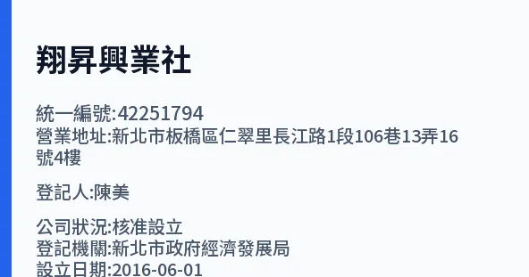 翔昇興業社的照片-統編 42251794(新北市) 公司登記資料與營業項目詳細圖表