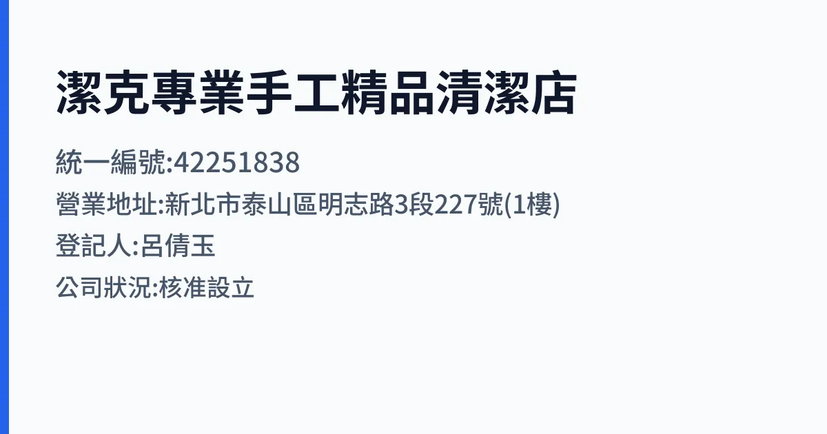 潔克專業手工精品清潔店 - 統編 42251838(新北市) 公司登記資料與營業項目詳細圖表