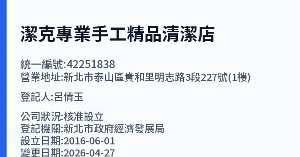 潔克專業手工精品清潔店的照片-統編 42251838(新北市) 公司登記資料與營業項目詳細圖表