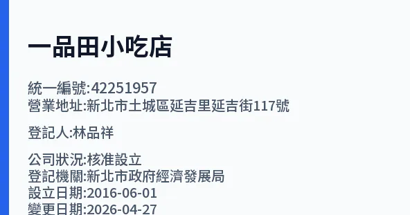 一品田小吃店的照片-統編 42251957(新北市) 公司登記資料與營業項目詳細圖表
