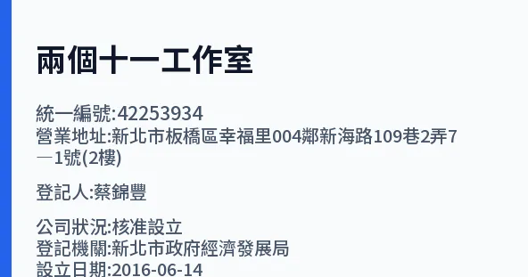 兩個十一工作室的照片-統編 42253934(新北市) 公司登記資料與營業項目詳細圖表