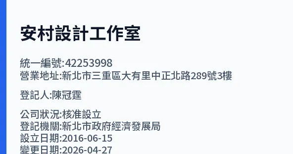 安村設計工作室的照片-統編 42253998(新北市) 公司登記資料與營業項目詳細圖表