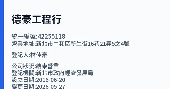 德豪工程行的照片-統編 42255118(新北市) 公司登記資料與營業項目詳細圖表