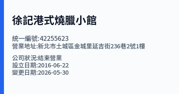 徐記港式燒臘小館的照片-統編 42255623(新北市) 公司登記資料與營業項目詳細圖表