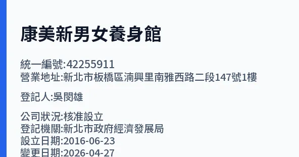 康美新男女養身館的照片-統編 42255911(新北市) 公司登記資料與營業項目詳細圖表