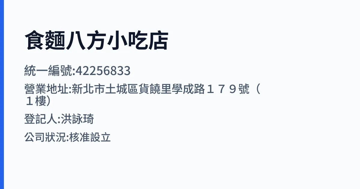 食麵八方小吃店 - 統編 42256833(新北市) 公司登記資料與營業項目詳細圖表