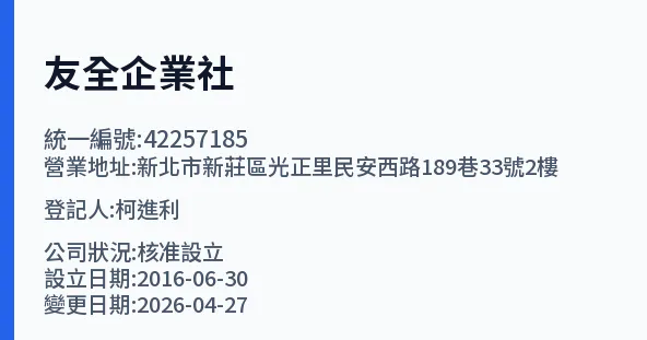 友全企業社的照片-統編 42257185(新北市) 公司登記資料與營業項目詳細圖表