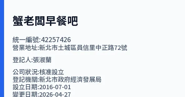 蟹老闆早餐吧的照片-統編 42257426(新北市) 公司登記資料與營業項目詳細圖表
