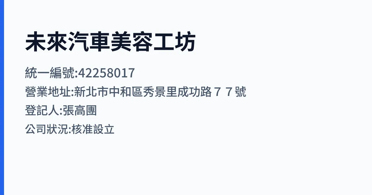 未來汽車美容工坊 - 統編 42258017(新北市) 公司登記資料與營業項目詳細圖表