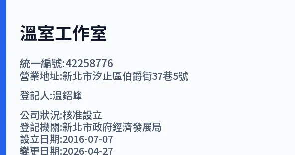 溫室工作室的照片-統編 42258776(新北市) 公司登記資料與營業項目詳細圖表