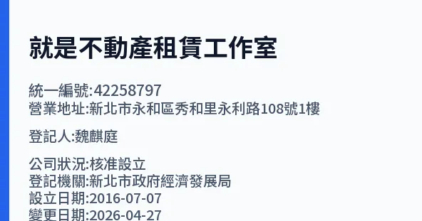 就是不動產租賃工作室的照片-統編 42258797(新北市) 公司登記資料與營業項目詳細圖表