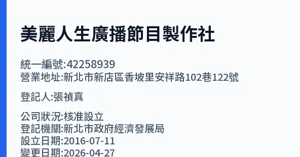 美麗人生廣播節目製作社的照片-統編 42258939(新北市) 公司登記資料與營業項目詳細圖表