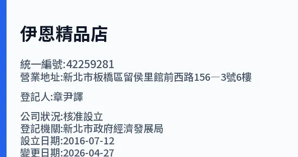 伊恩精品店的照片-統編 42259281(新北市) 公司登記資料與營業項目詳細圖表