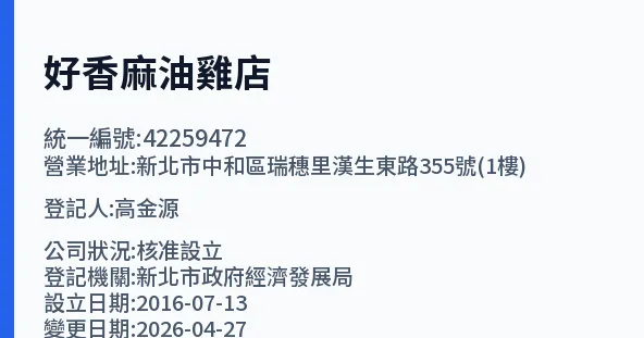 好香麻油雞店的照片-統編 42259472(新北市) 公司登記資料與營業項目詳細圖表