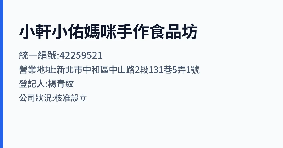 小軒小佑媽咪手作食品坊 - 統編 42259521(新北市) 公司登記資料與營業項目詳細圖表