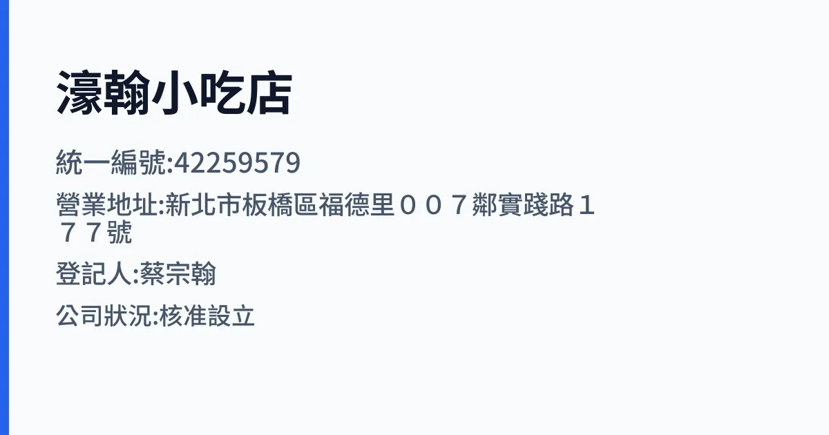 濠翰小吃店 - 統編 42259579(新北市) 公司登記資料與營業項目詳細圖表