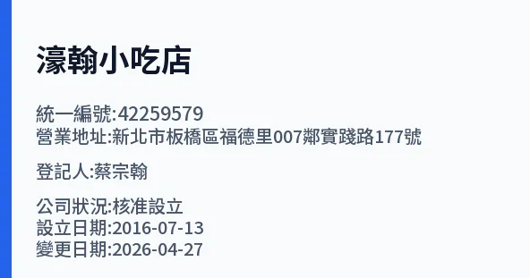 濠翰小吃店的照片-統編 42259579(新北市) 公司登記資料與營業項目詳細圖表